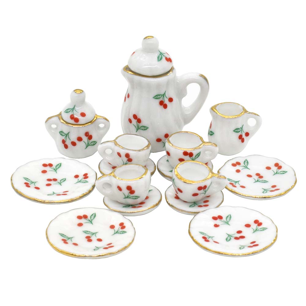 1:12 Miniature Porcelain Red Cherry Tea Set (15 Pcs ...
